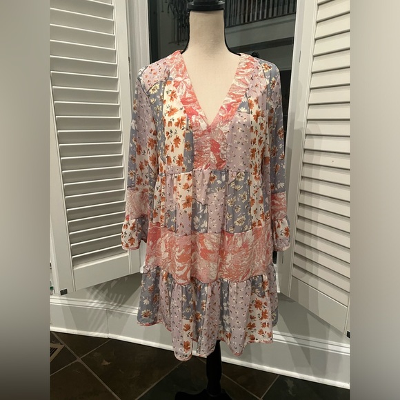 Dresses | Entro Chiffon Patchwork Tiered Belle Sleeve Dress | Poshmark